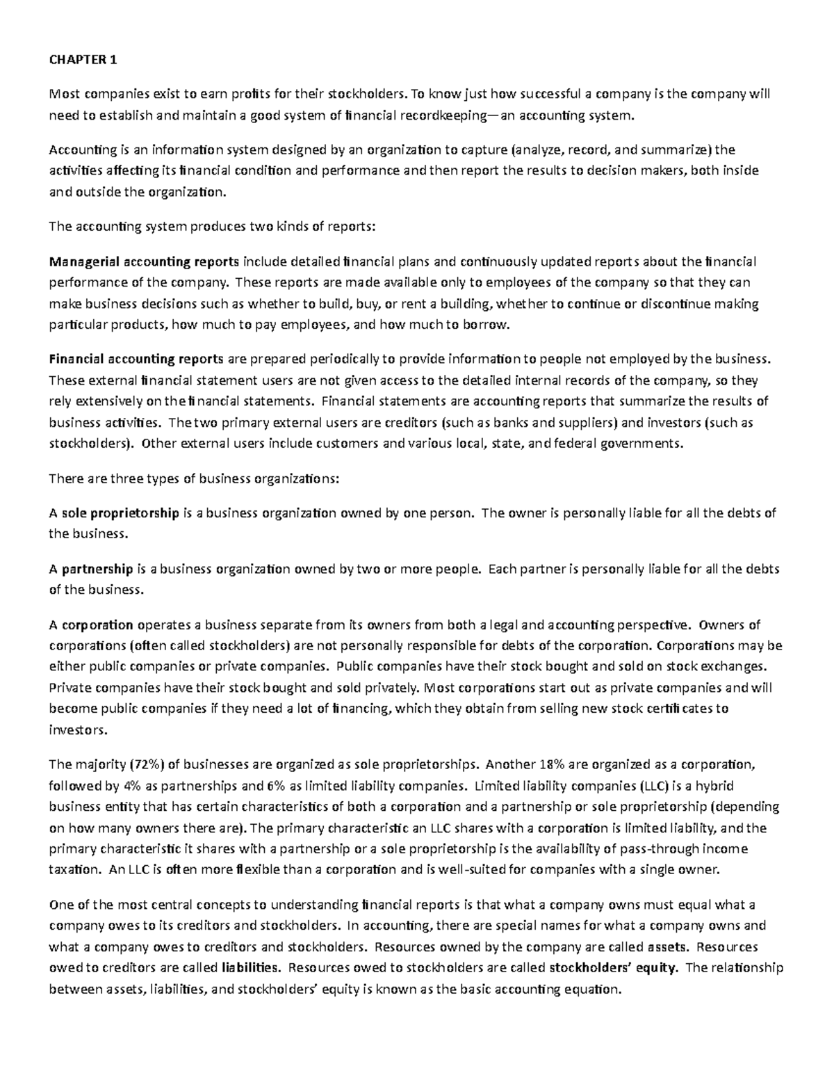 Homework from financial accounting - CHAPTER 1 Most companies exist to ...