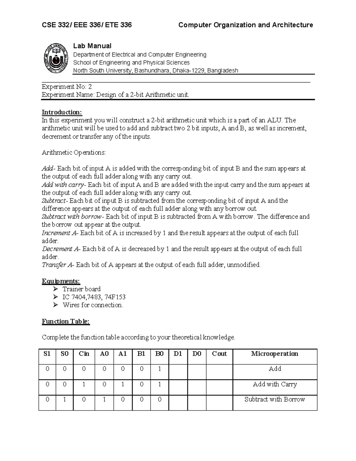 Exp 02arithmetic Unit Warning Tt Undefined Function 32 Lab Manual Department Of Electrical