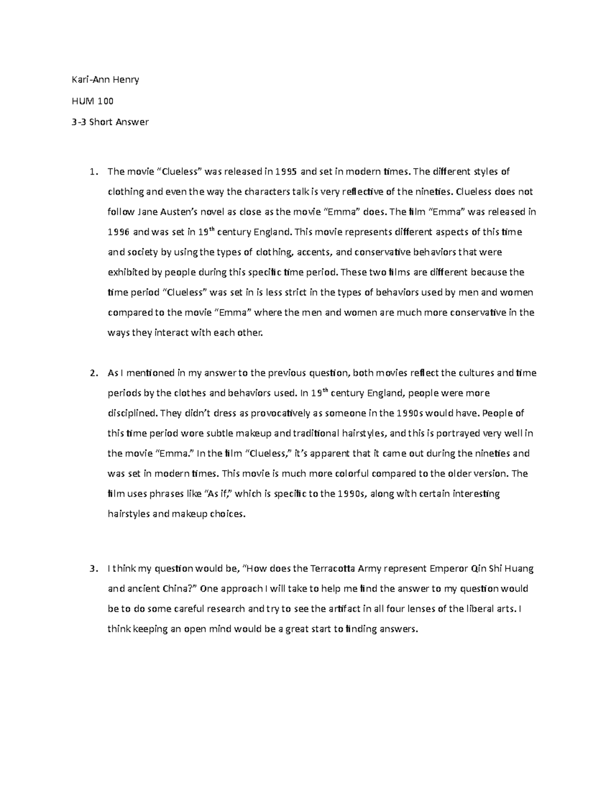 Henry HUM 100 3-3 Short Answer - Kari-Ann Henry HUM 100 3-3 Short ...