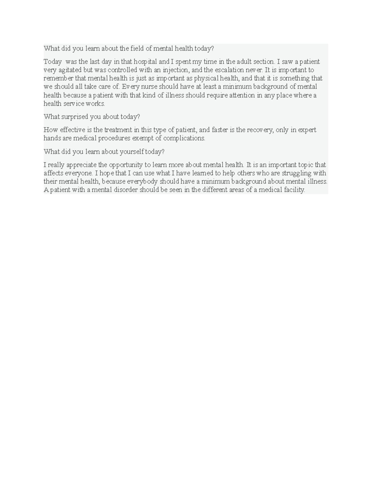 MH, clinicals guide reflections - What did you learn about the field of ...