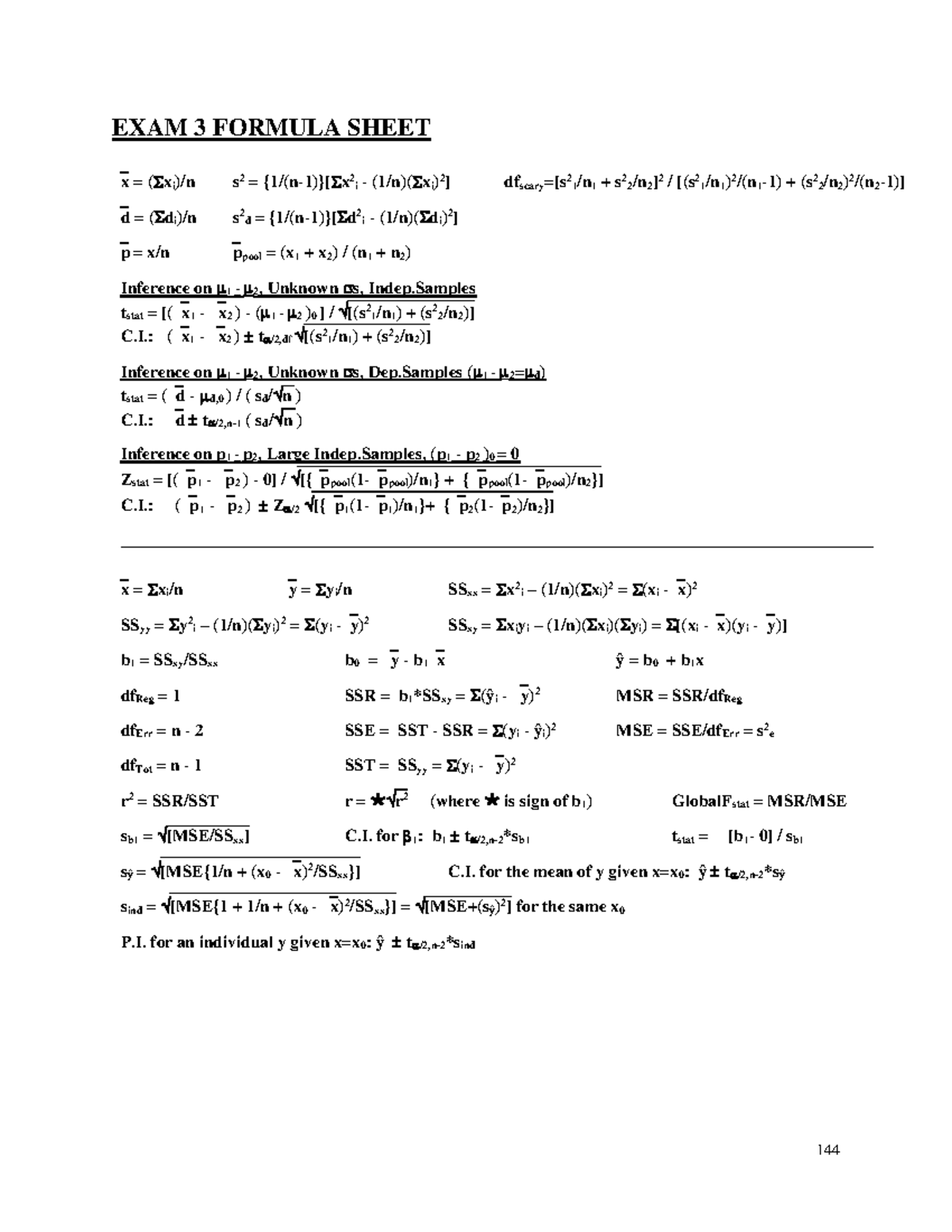 BUSI2305 Exam3 Formula Sheet - 144 EXAM 3 FORMULA SHEET x = ( xi)/n s 2 ...