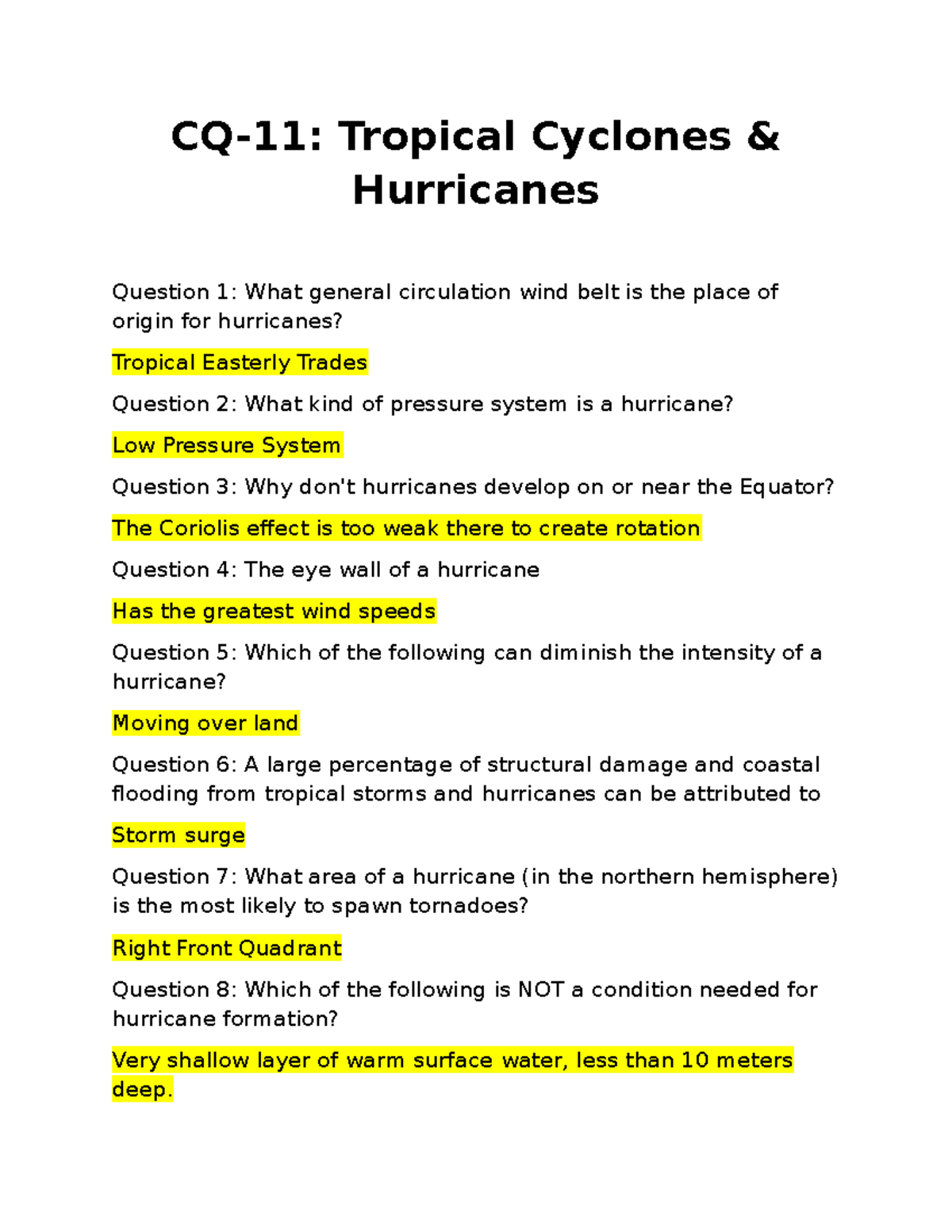 CQ 11 Tropical Cyclones & Hurricanes - CQ-11: Tropical Cyclones ...
