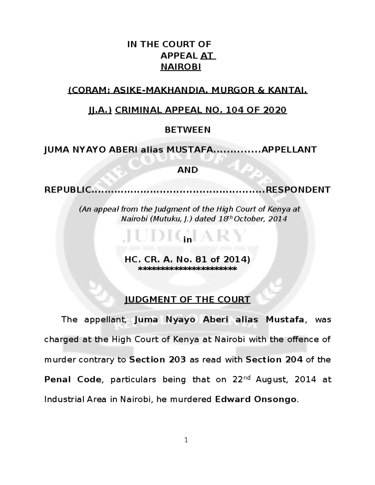 Aberi v Republic 2020 - IN THE COURT OF APPEAL AT NAIROBI (CORAM: ASIKE-MAKHANDIA, MURGOR ...
