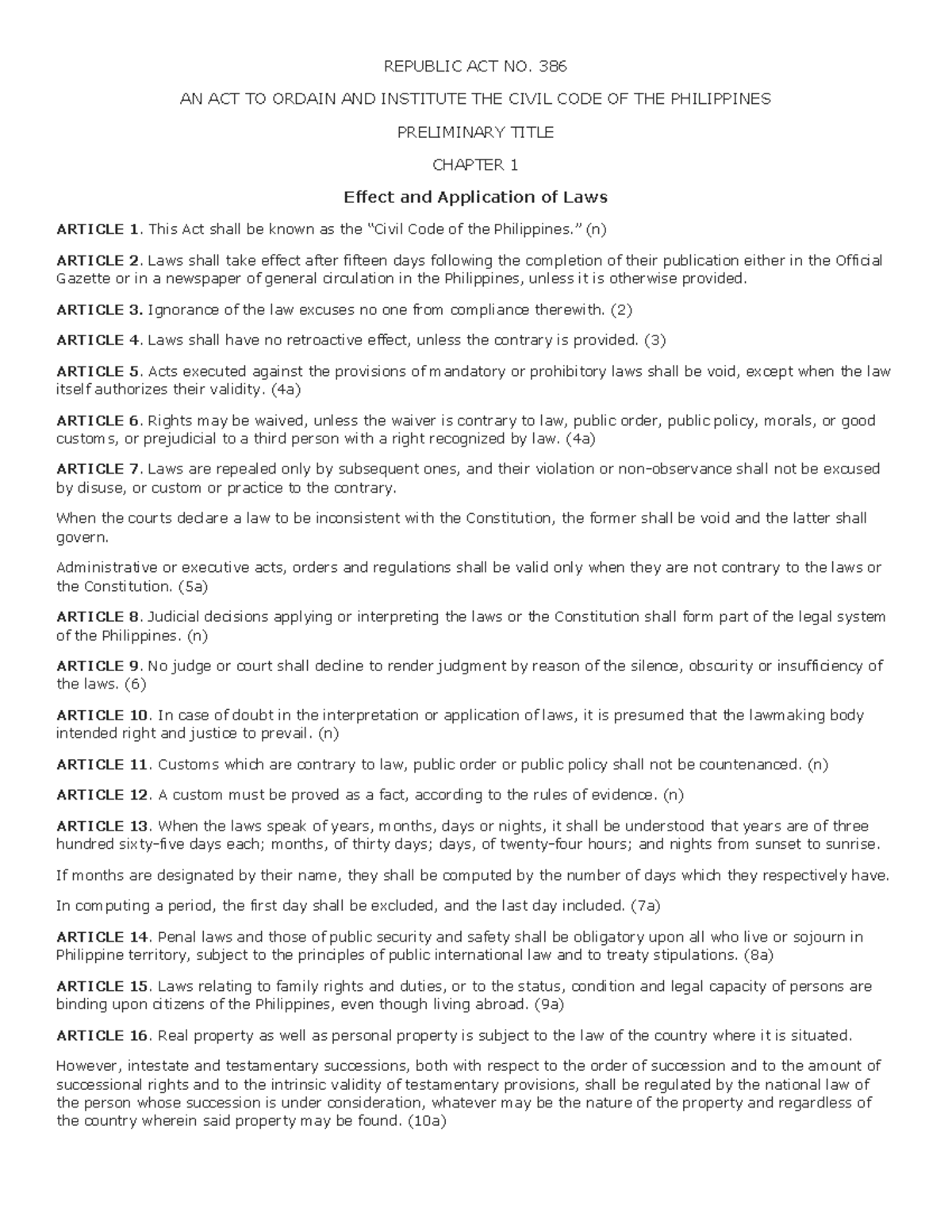 Intro to Oblicon - REPUBLIC ACT NO. 386 AN ACT TO ORDAIN AND INSTITUTE ...