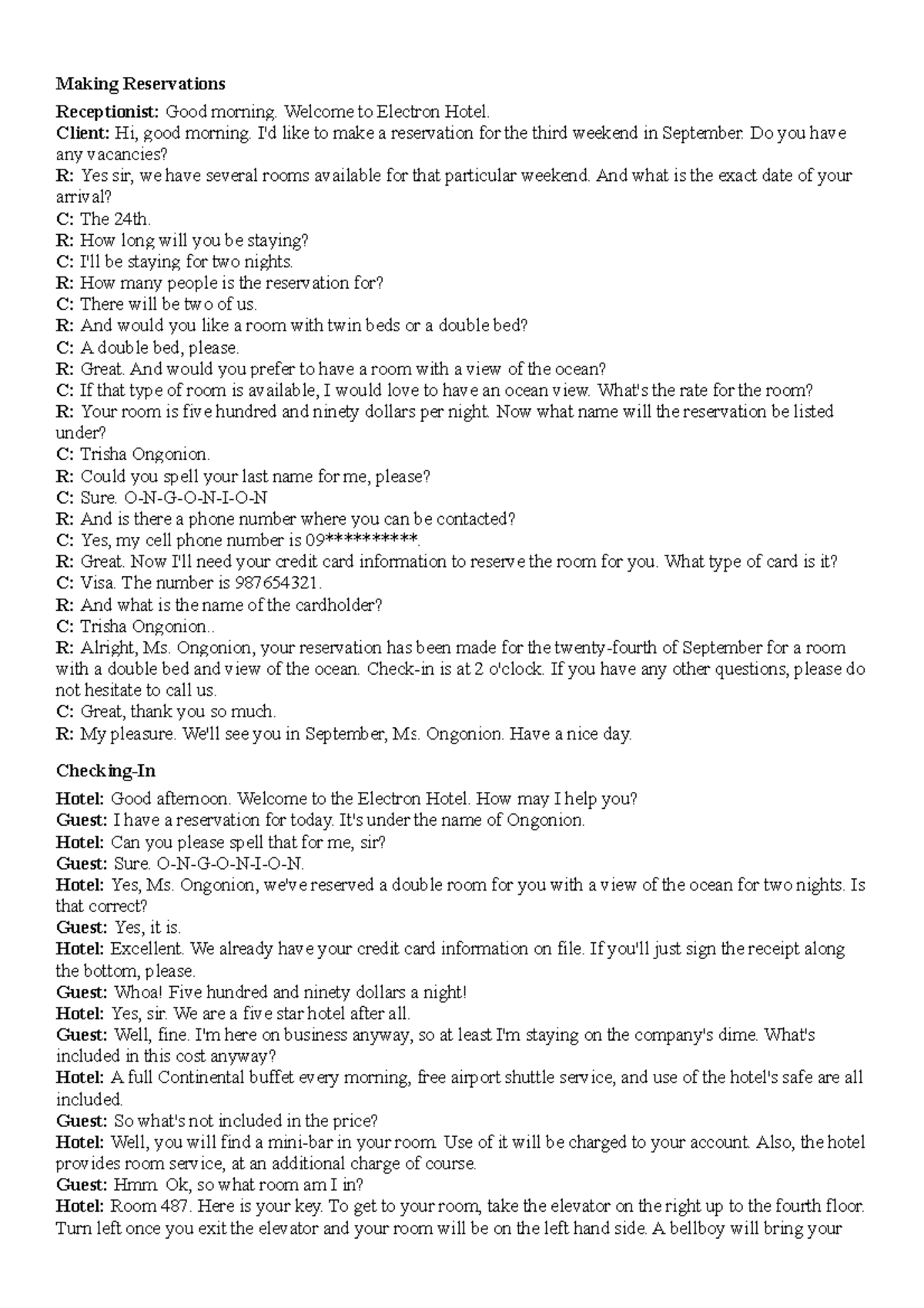 Front Office Convo - CONVERSATION - Making Reservations Receptionist ...