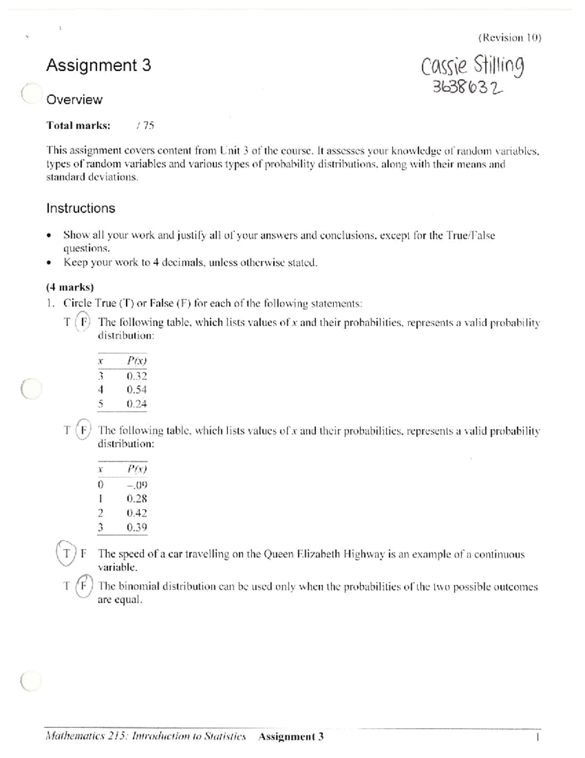 Assignment 3 Math - Math 215 - Studocu
