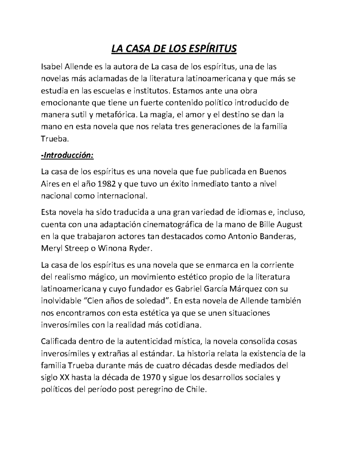 La casa de los espiritus - V ALC - LA CASA DE LOS ESPÍRITUS Isabel ...