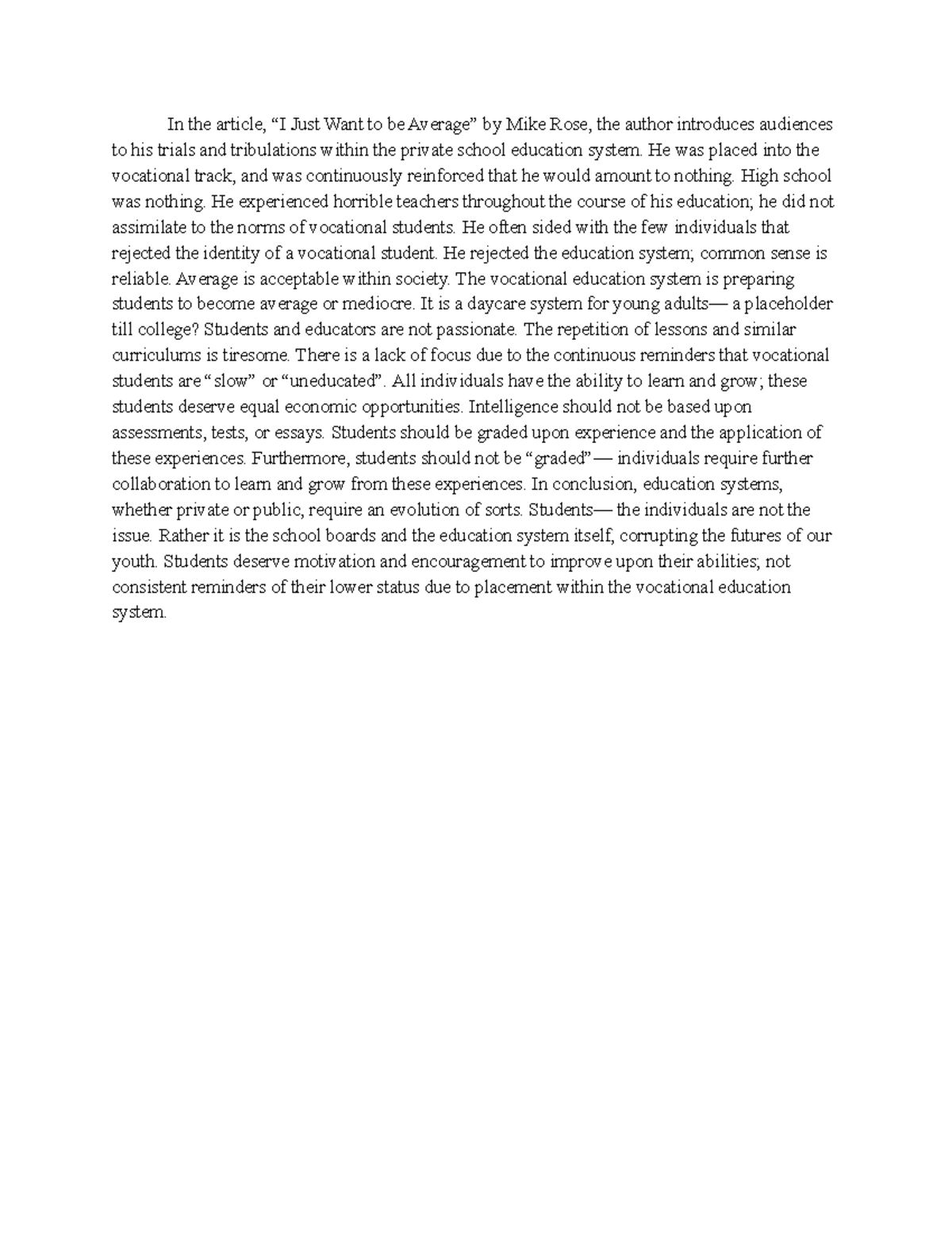 Rhetoric Response I Just Want To Be Average - In the article, “I Just ...