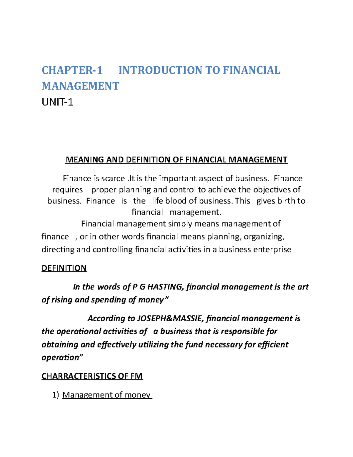 Financial management - Detailed notes - CHAPTER-1 INTRODUCTION TO ...