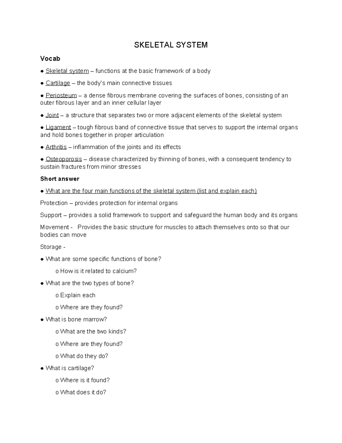 Body Systems Study Guide - SKELETAL SYSTEM Vocab Skeletal system ...