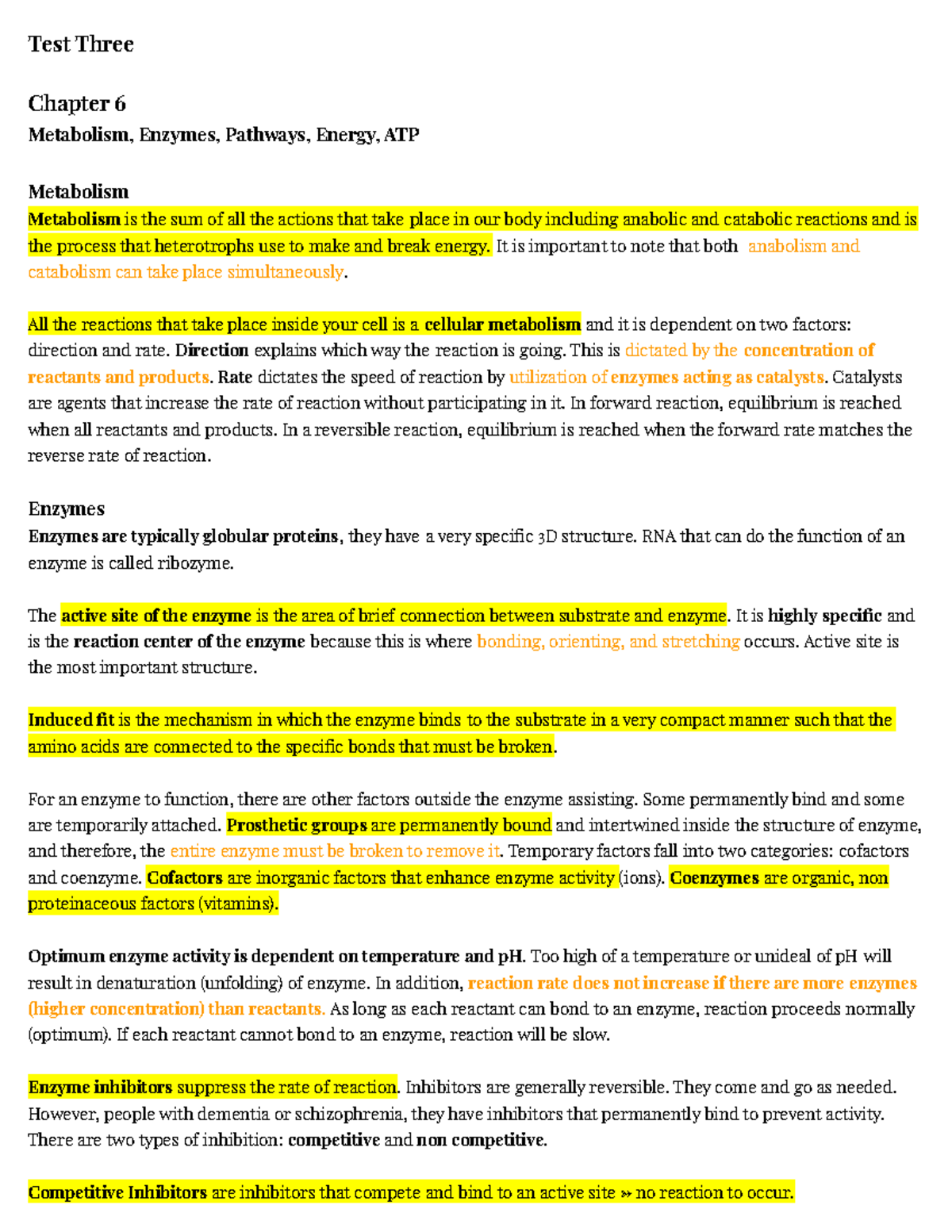 Test 3 Study Guide: Metabolism, Enzymes, Pathways, Energy, ATP - Test ...