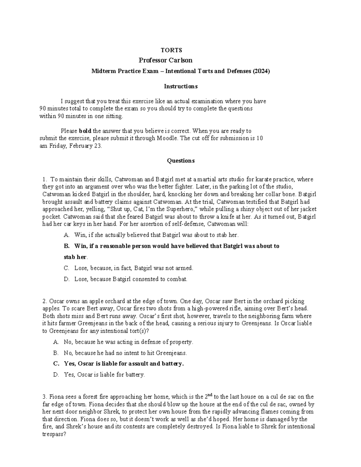 Multiple Choice Practice Exam Intentional Torts Shelby Copeland - TORTS Professor Carlson ...