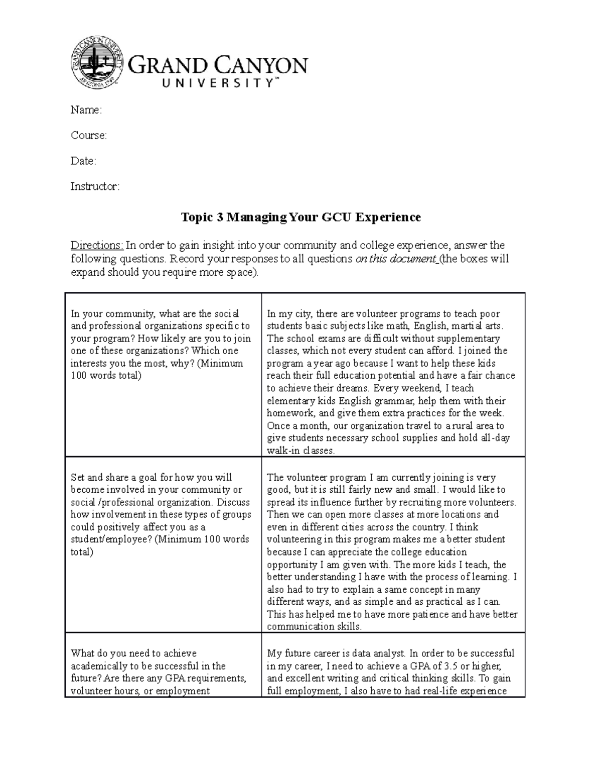 UNV103 T3 Your GCU Experience Online - Name: Course: Date: Instructor ...