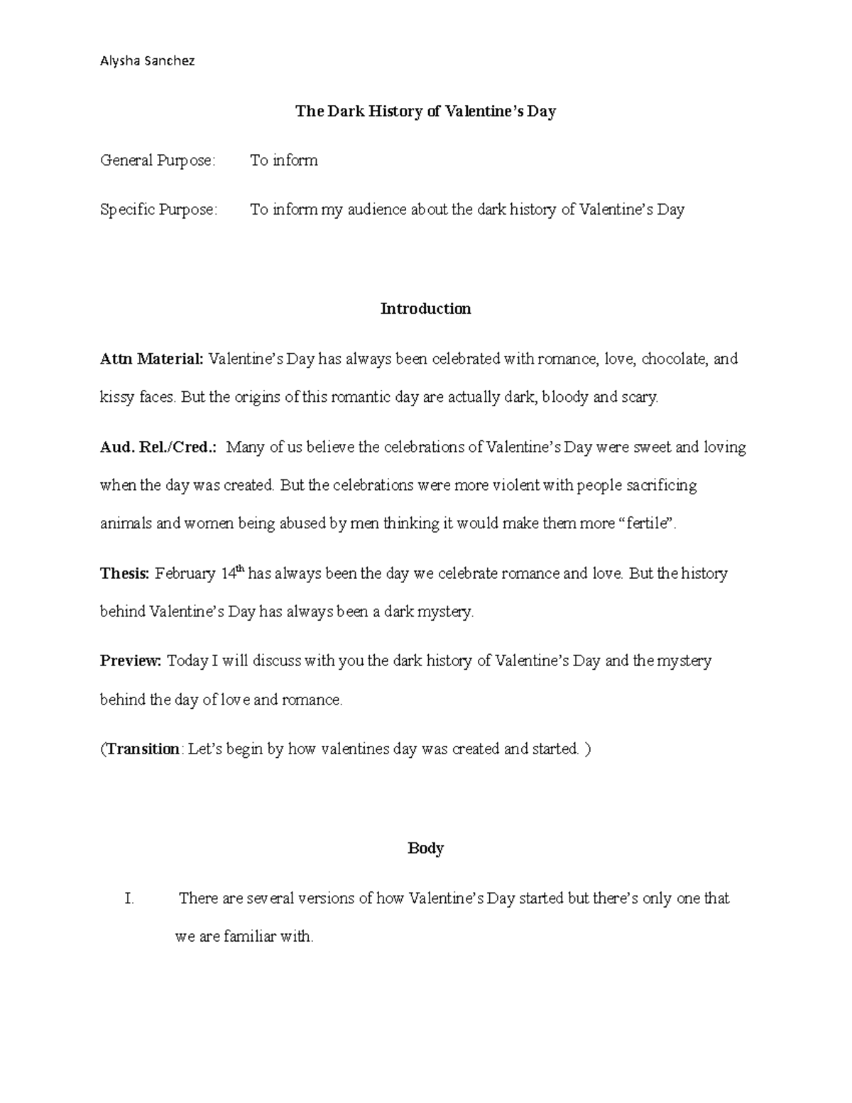 Sample outline - Alysha Sanchez The Dark History of Valentine’s Day ...