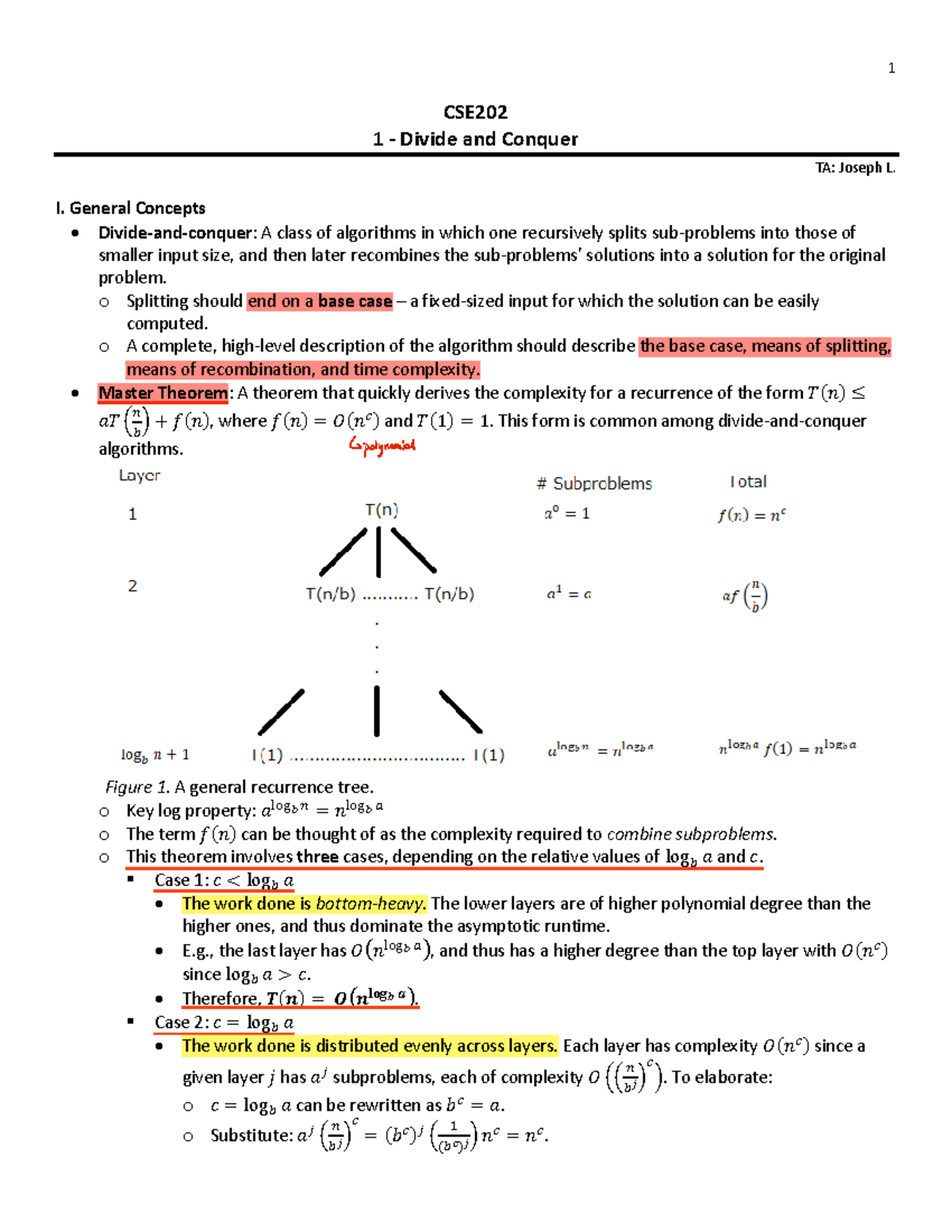 Notes 1Divide And Conquer - CSE 1 - Divide and Conquer TA: Joseph L. I ...