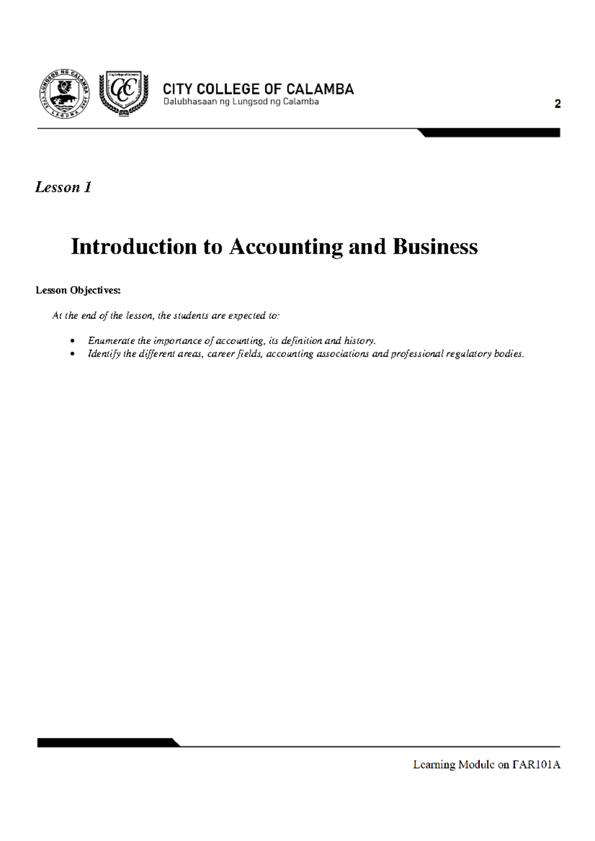 Lesson 1 Introduction to Accounting and Business - Identify the ...