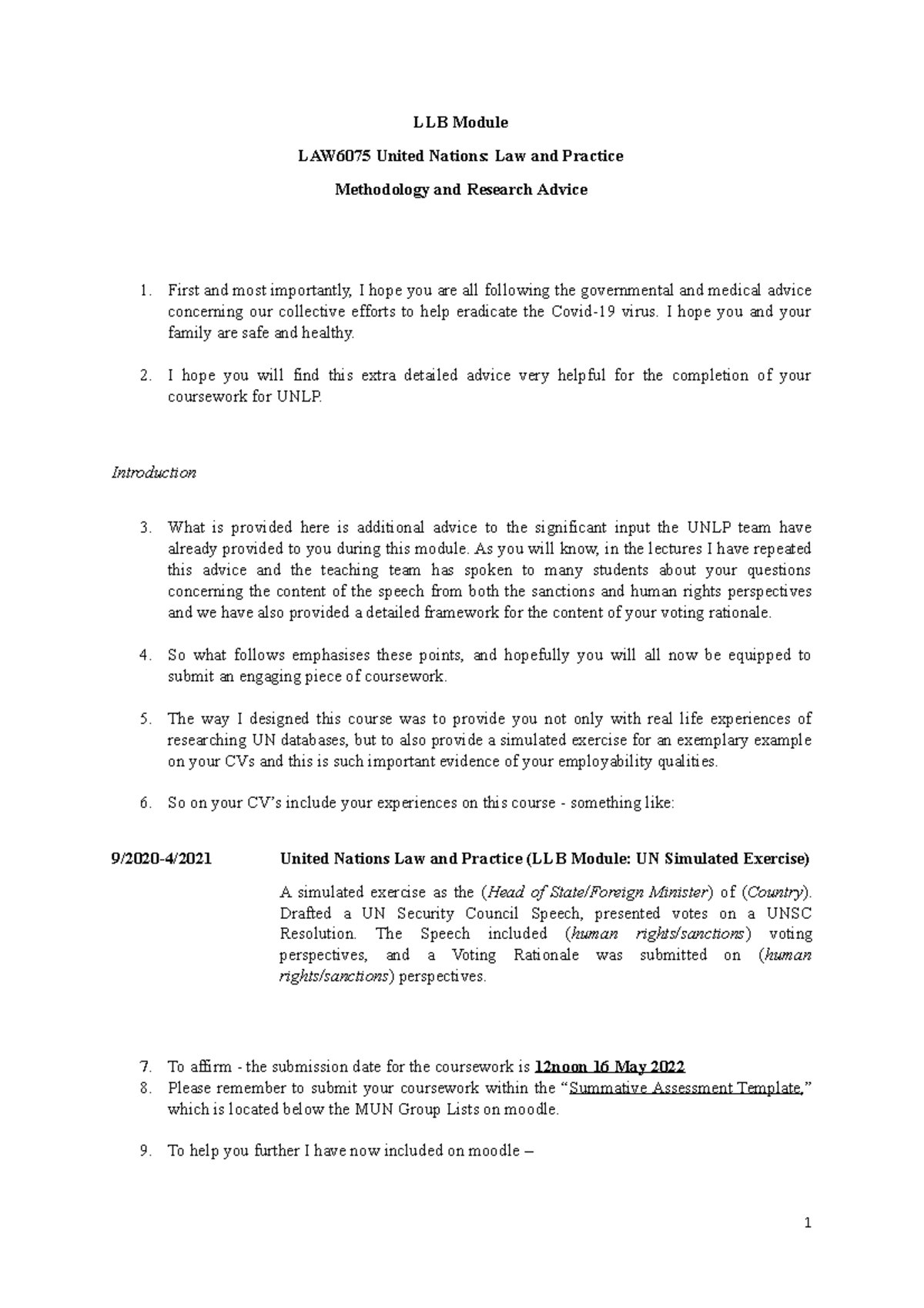 UNLP Advice for Coursework (During Covid-19 pandemic) 2021-2022 - LLB ...