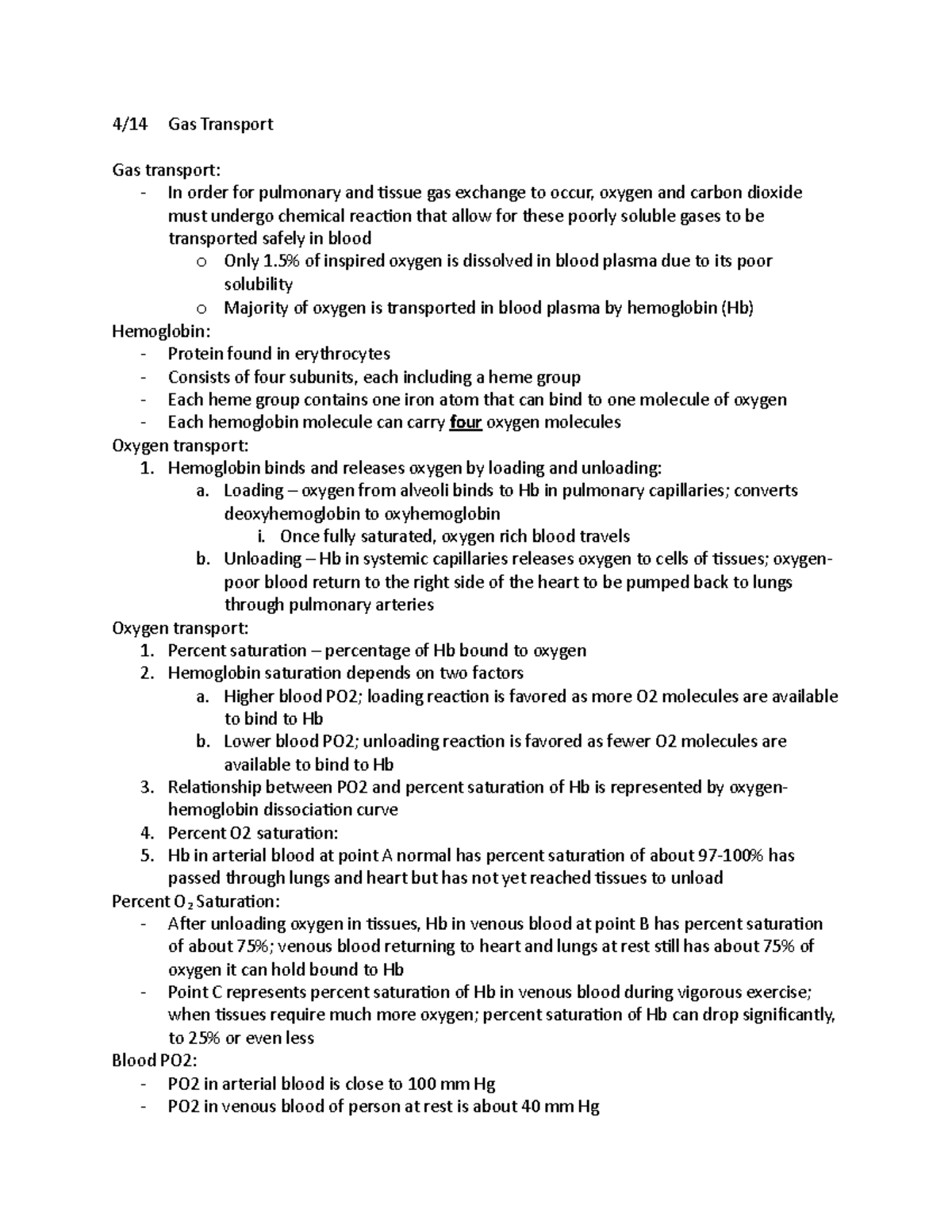 Gas Transport Notes - 4/14 Gas Transport Gas transport: - In order for ...
