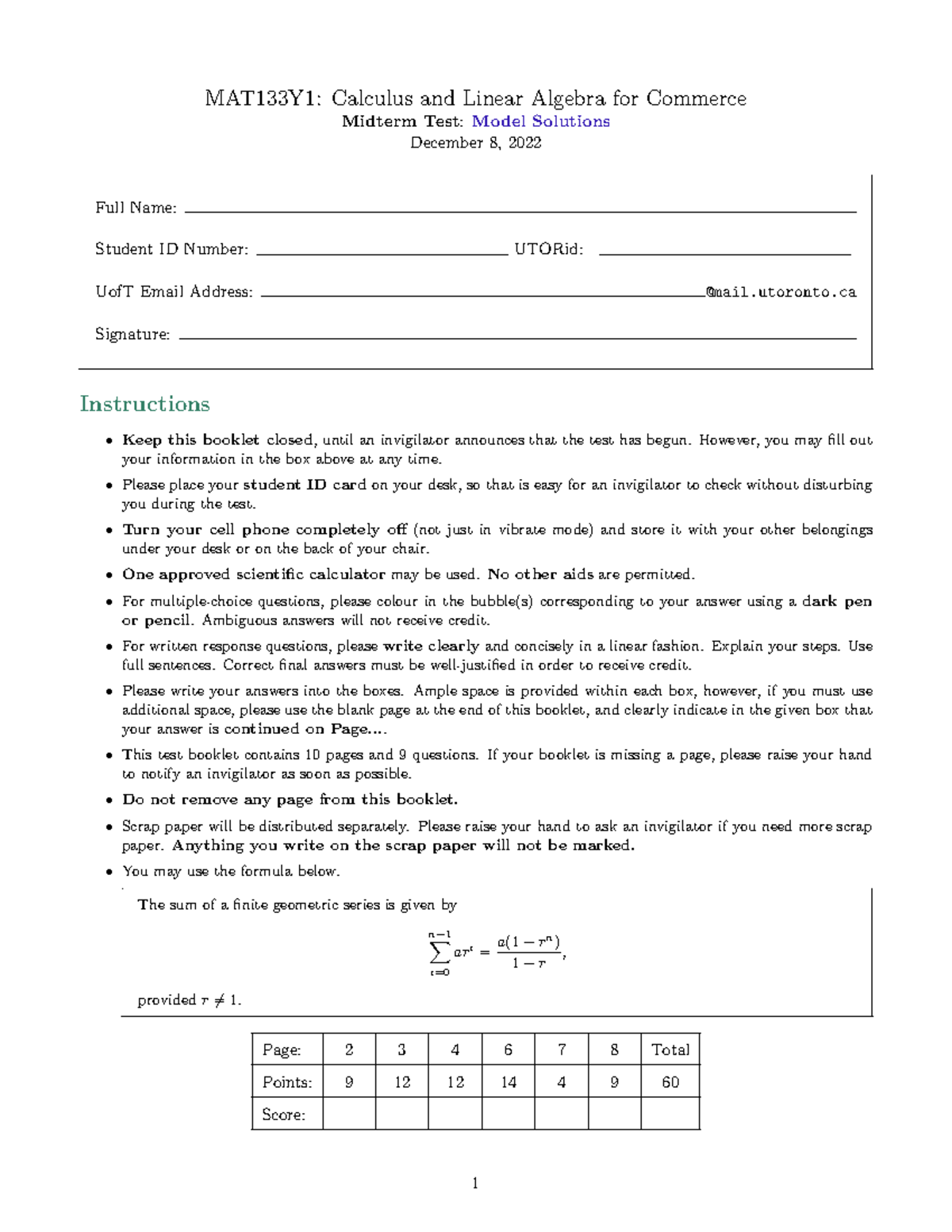 MAT133 (Fall 2022) Midterm with solutions - MAT133Y1: Calculus and ...
