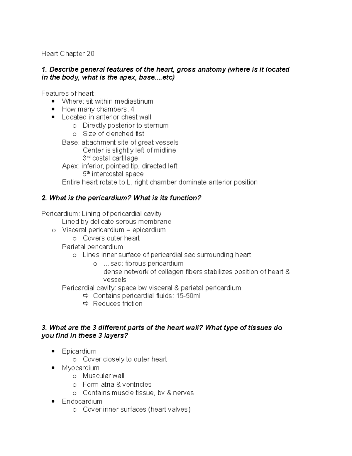 Study guide Heart Chapter 20 - Heart Chapter 20 1. Describe general ...