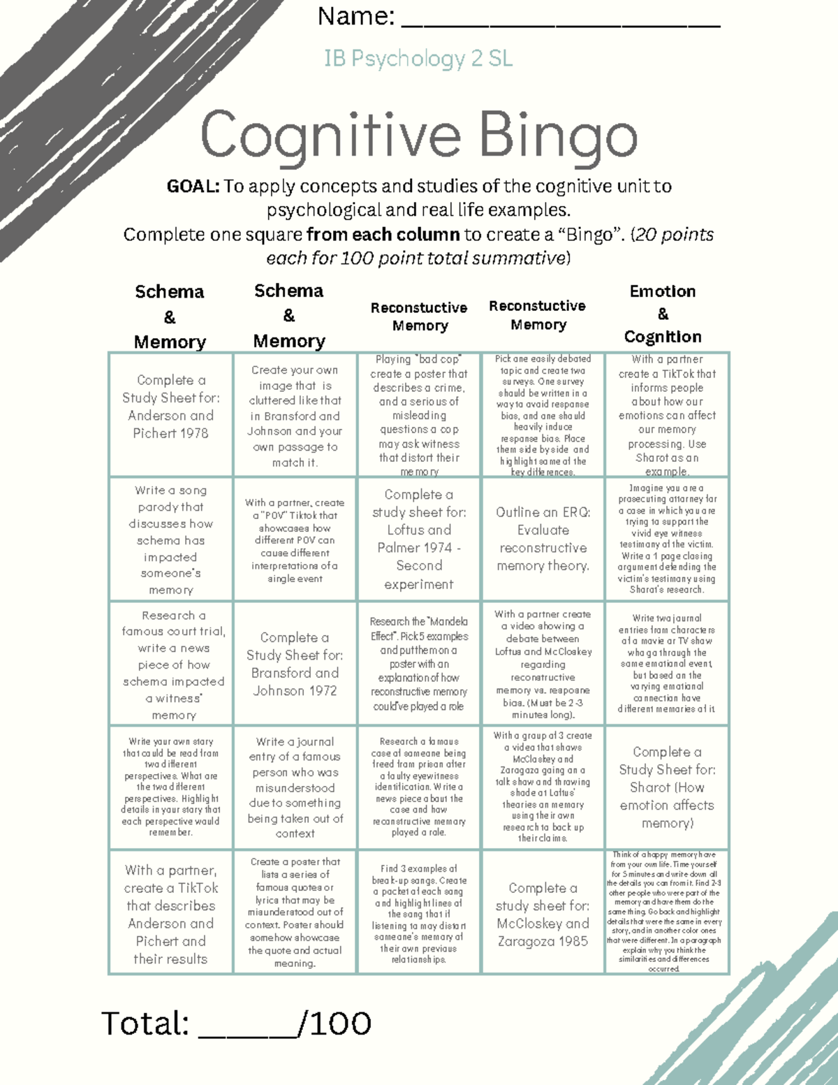 Cognitive Bingo 1 - Cognitive Bingo IB Psychology 2 SL Schema & Memory ...