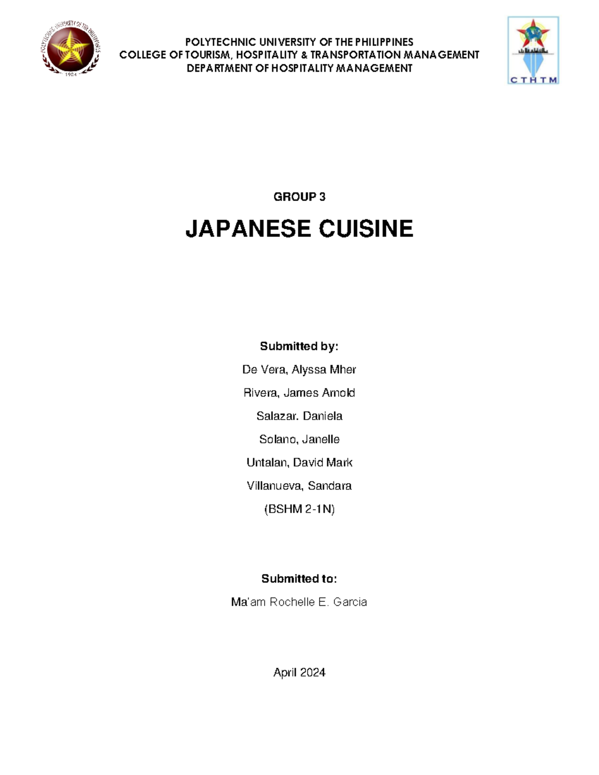 Group 3 Japanese Cuisine - COLLEGE OF TOURISM, HOSPITALITY ...
