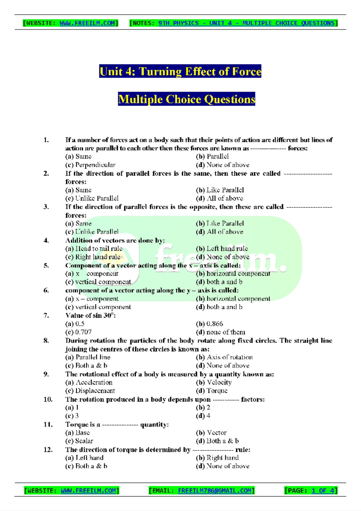 9th Phy Ch 4 MCQs - physics unit 4 - WEBSITE: 9TH PHYSICS UNIT 4 ...