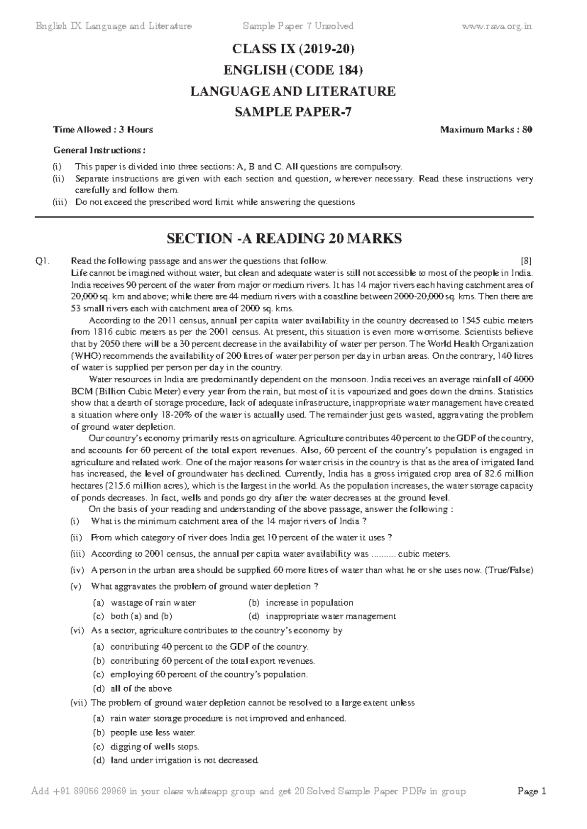 Cbieensu 07 - SAMPLE PAPER CLss 9 - Add +91 89056 29969 in your class whatsapp group and get 20 ...