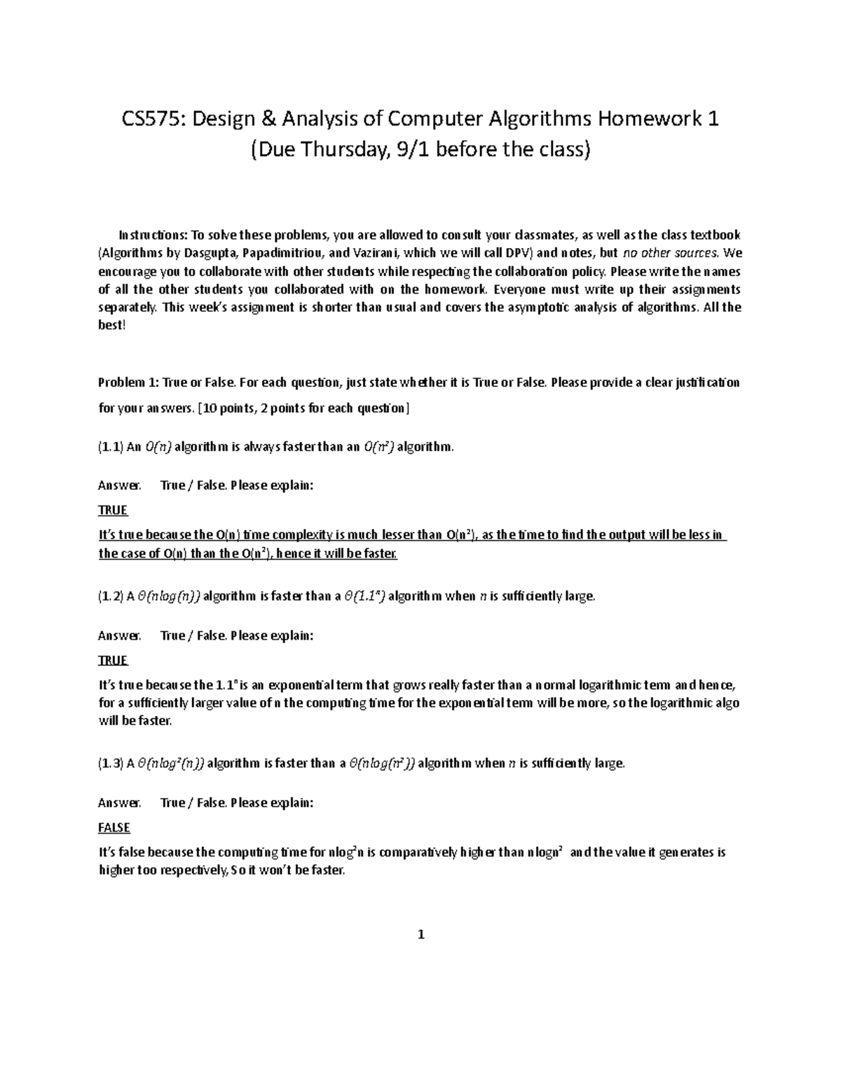 HW1 - Time Complexity - CS575: Design & Analysis of Computer Algorithms Homework 1 (Due - Studocu
