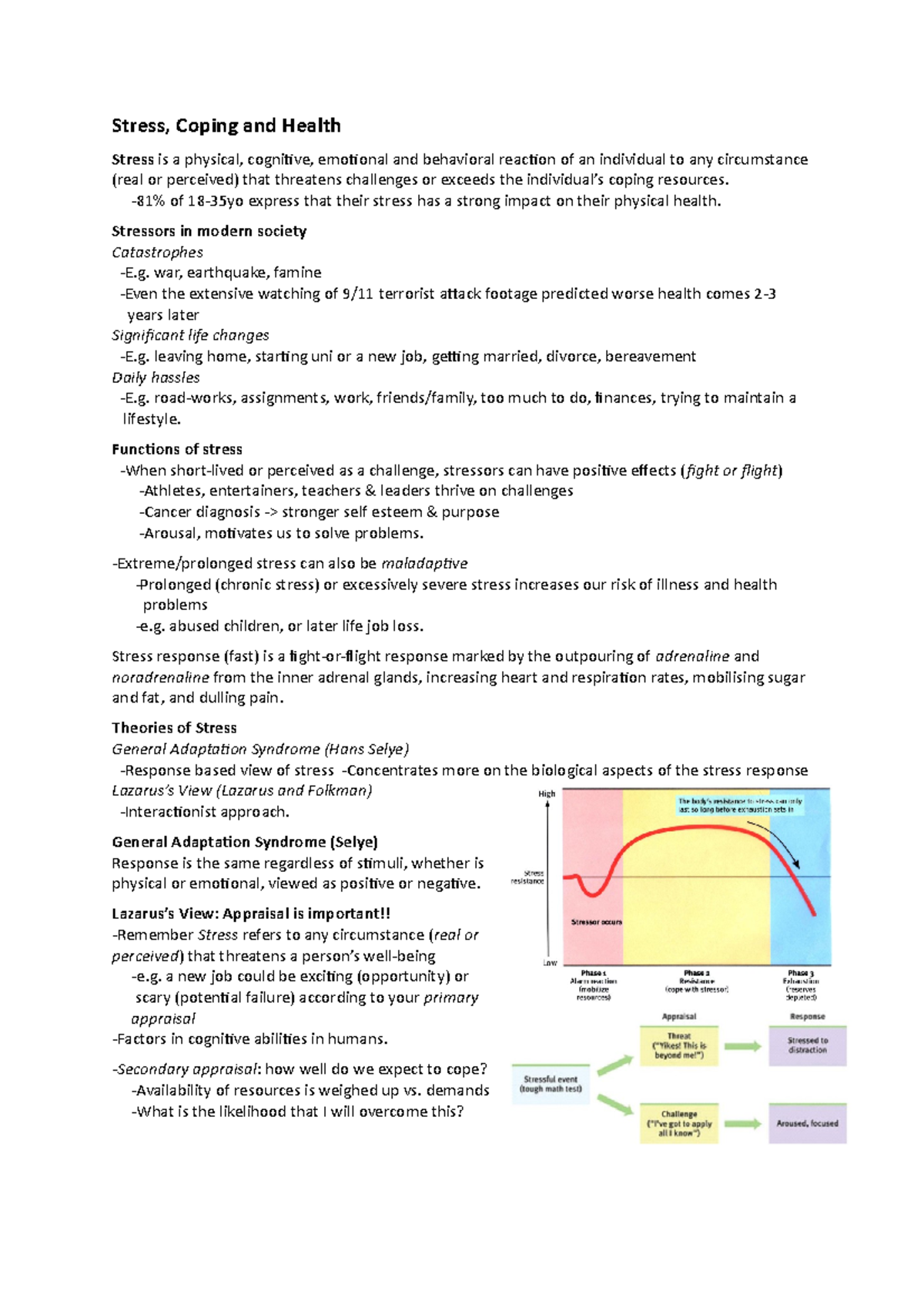Stress - Lecture notes 9 - Stress, Coping and Health Stress is a ...