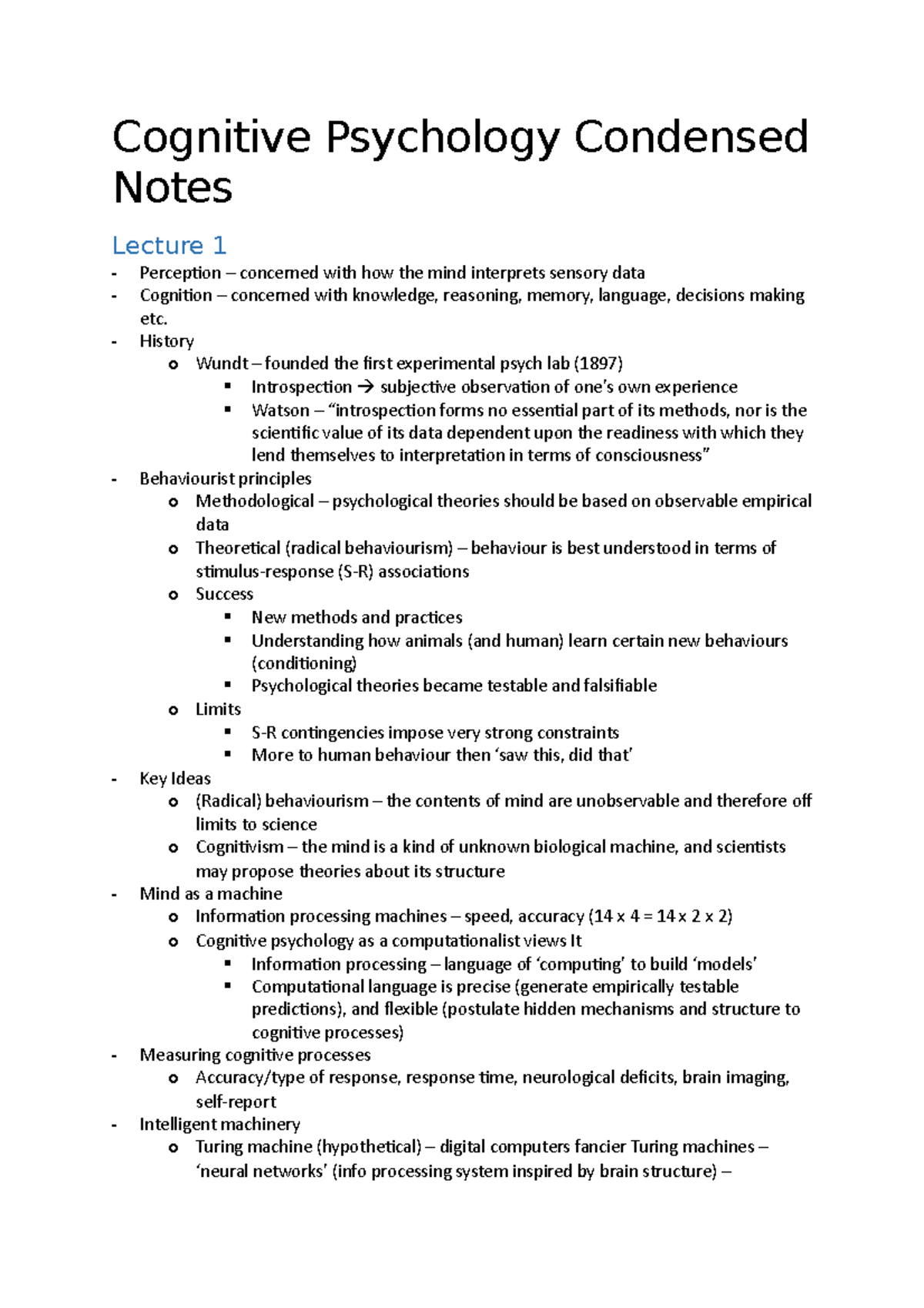 Cognitive Psychology Condensed Notes - Cognitive Psychology Condensed ...