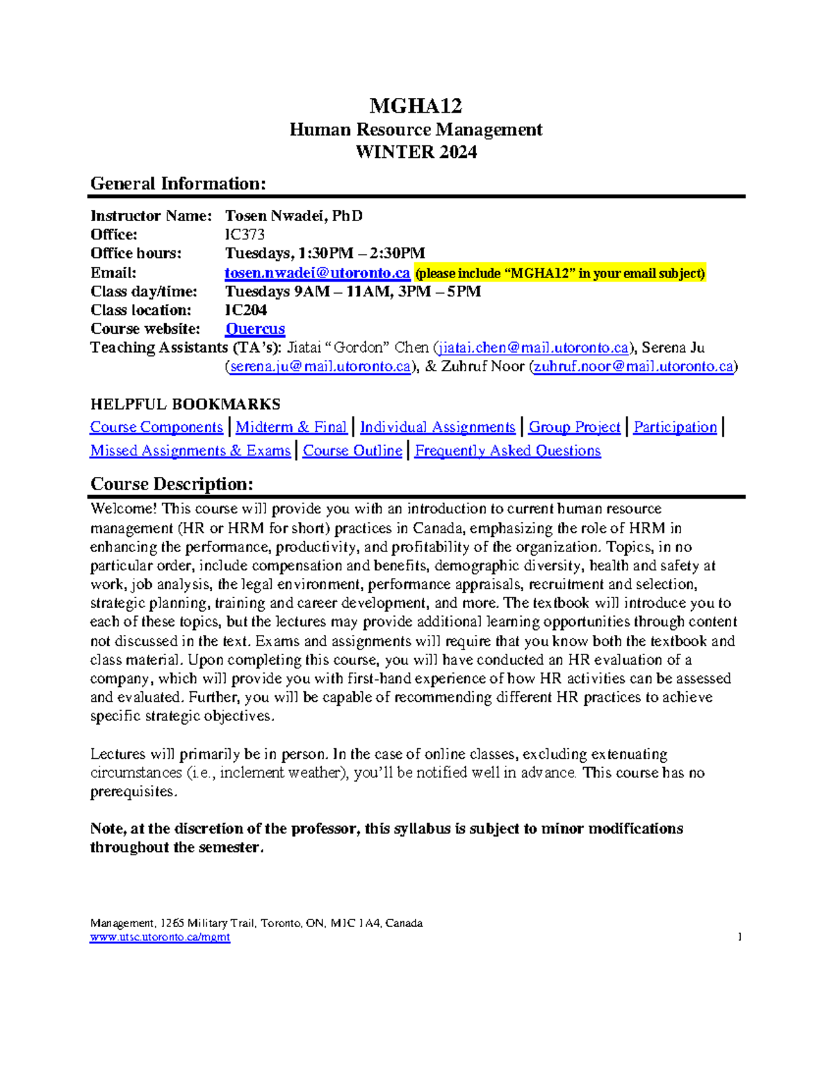 MGHA12 Syllabus Winter 2024 (1 - Management, 1265 Military Trail ...