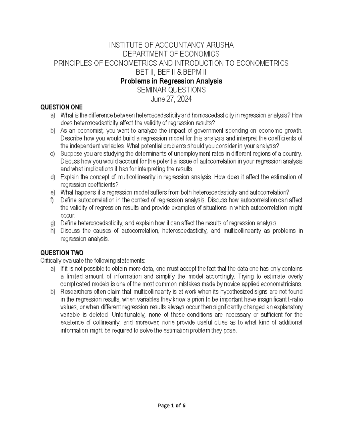 Seminar qn econometrics june2024 - INSTITUTE OF ACCOUNTANCY ARUSHA DEPARTMENT OF ECONOMICS - Studocu