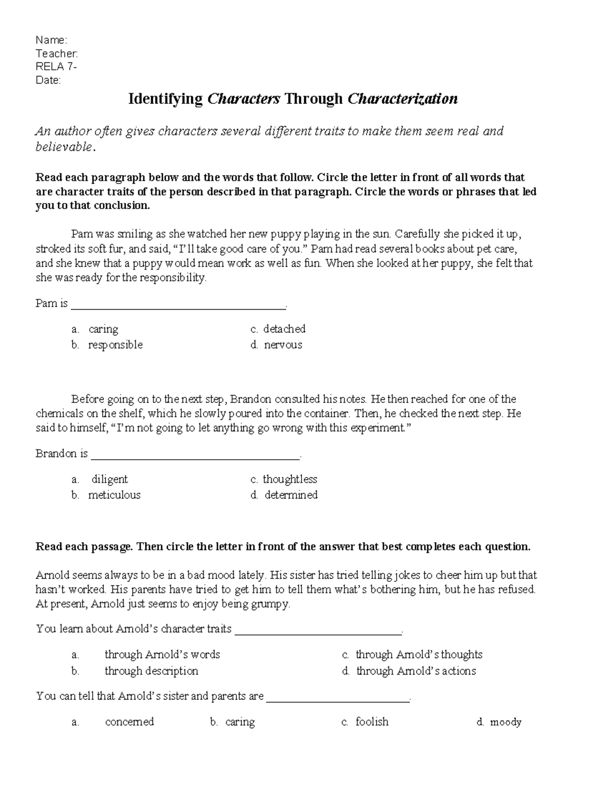Identifying characters through characterization-1 - Teacher: RELA 7 ...