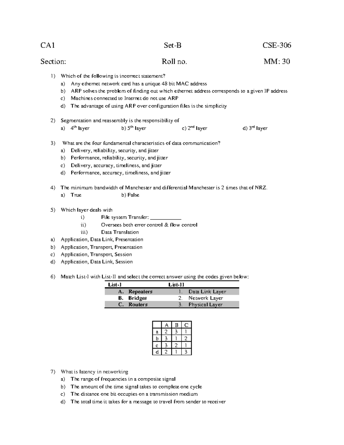 CA1 CSE306 set2 - Assignment 2 - CA1 Set-B CSE- 306 Section: Roll no. MM: 30 1) Which of the ...