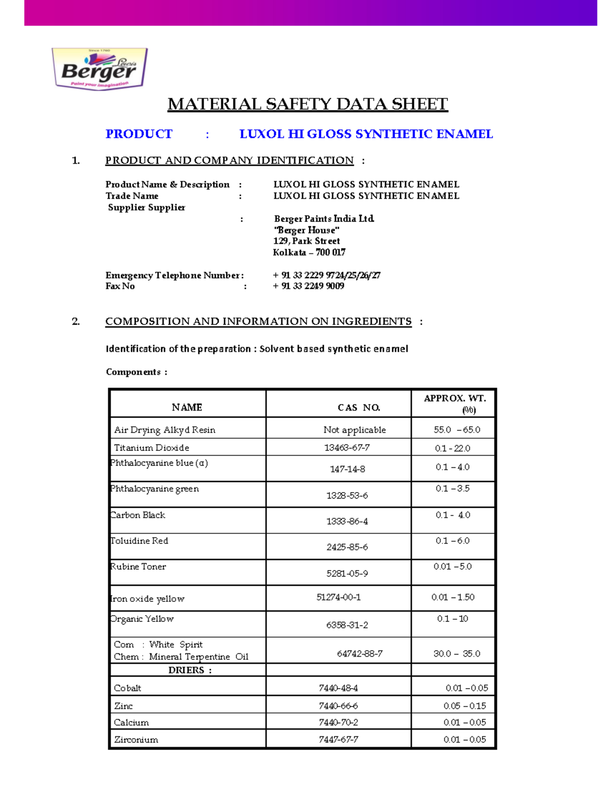 Berger Enamel MSDS - MSDS - MATERIAL SAFETY DATA SHEET PRODUCT : LUXOL ...