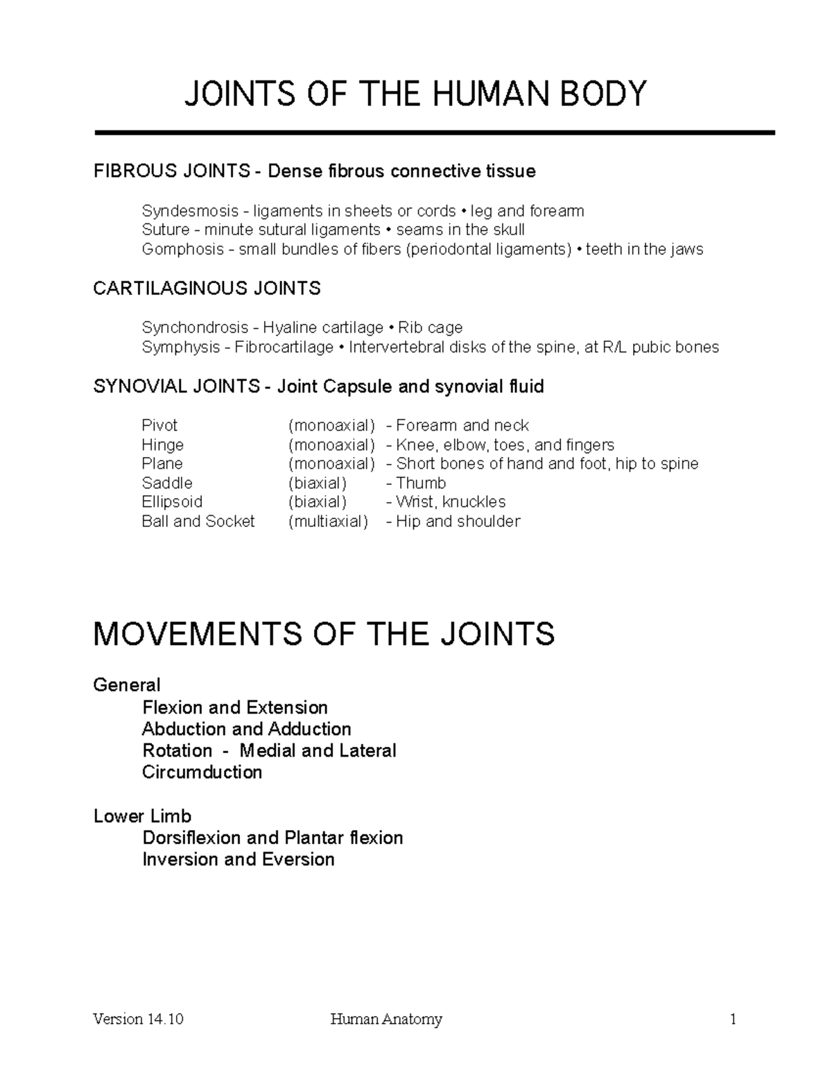 LL Joints AND Movement - study notes for lecture - BIOL 260 - SBVC ...