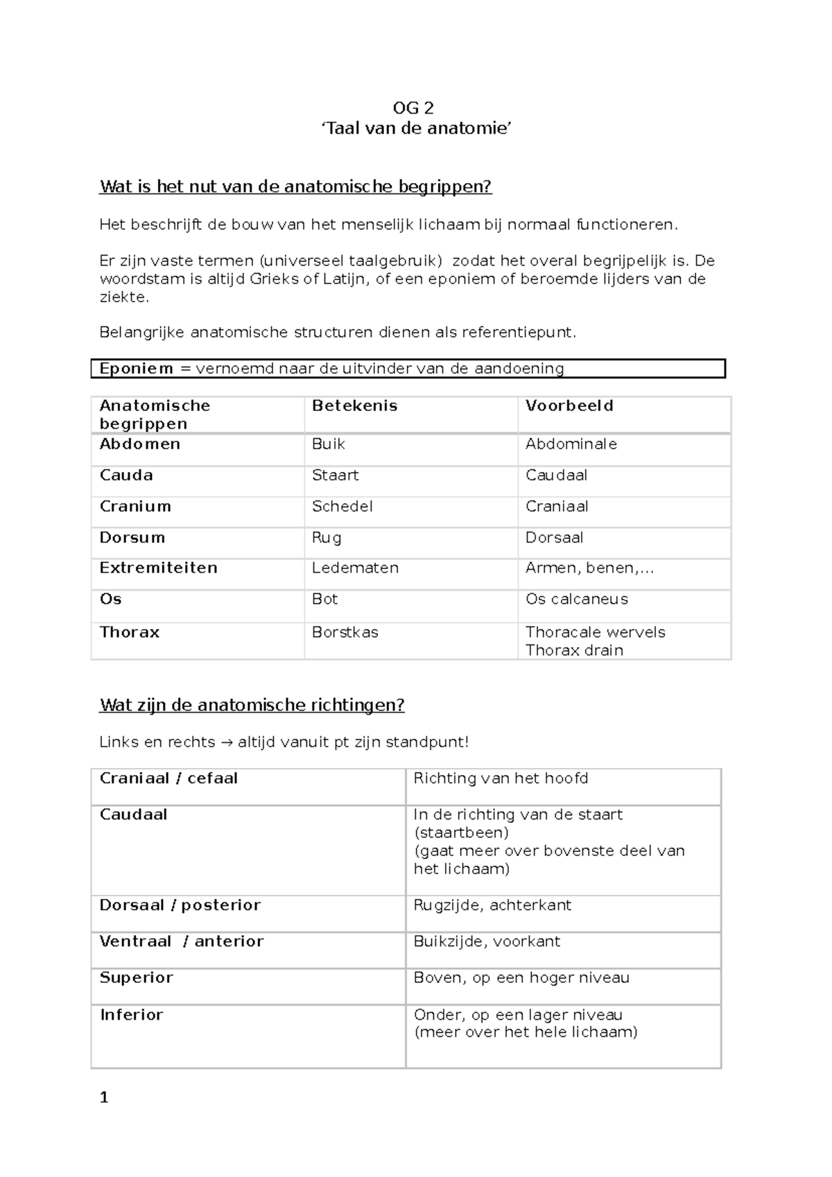 OG 2 - Anatomische posities - samenvatting - OG 2 ‘Taal van de anatomie ...