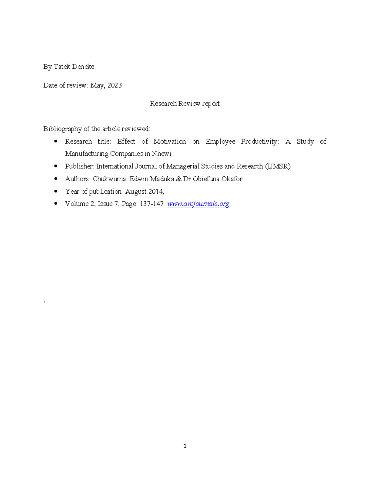 Tatek Deneke, Researcher article review - By Tatek Deneke Date of ...