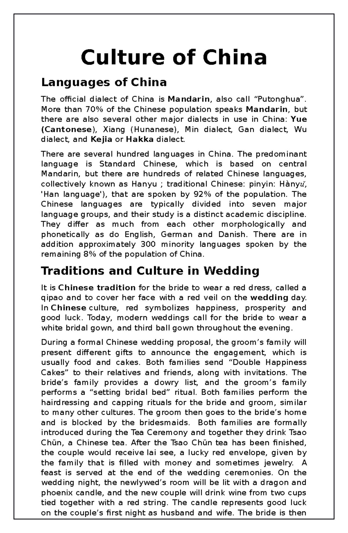 Activity#10 in Oral Communication - Culture of China Languages of China ...