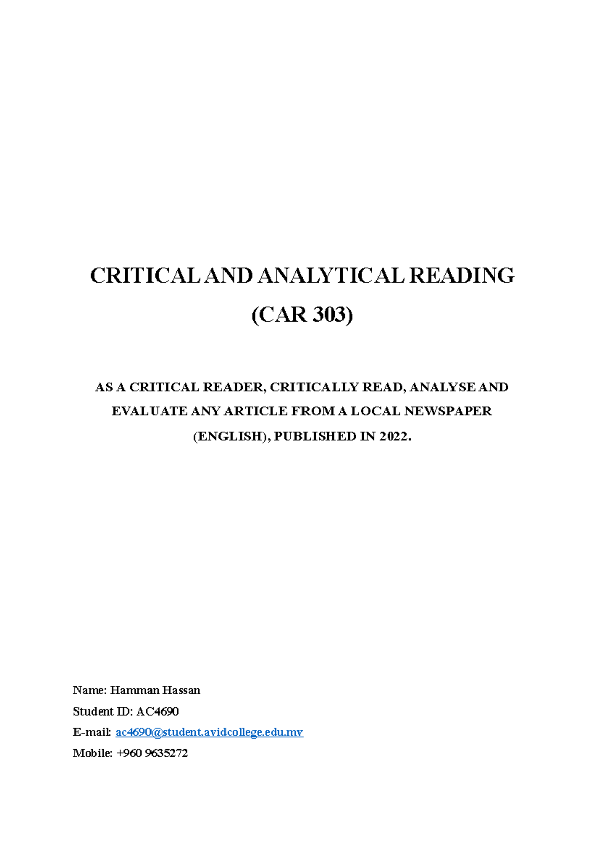 Critical and Analytical Reading - CRITICAL AND ANALYTICAL READING (CAR 303) AS A CRITICAL READER ...