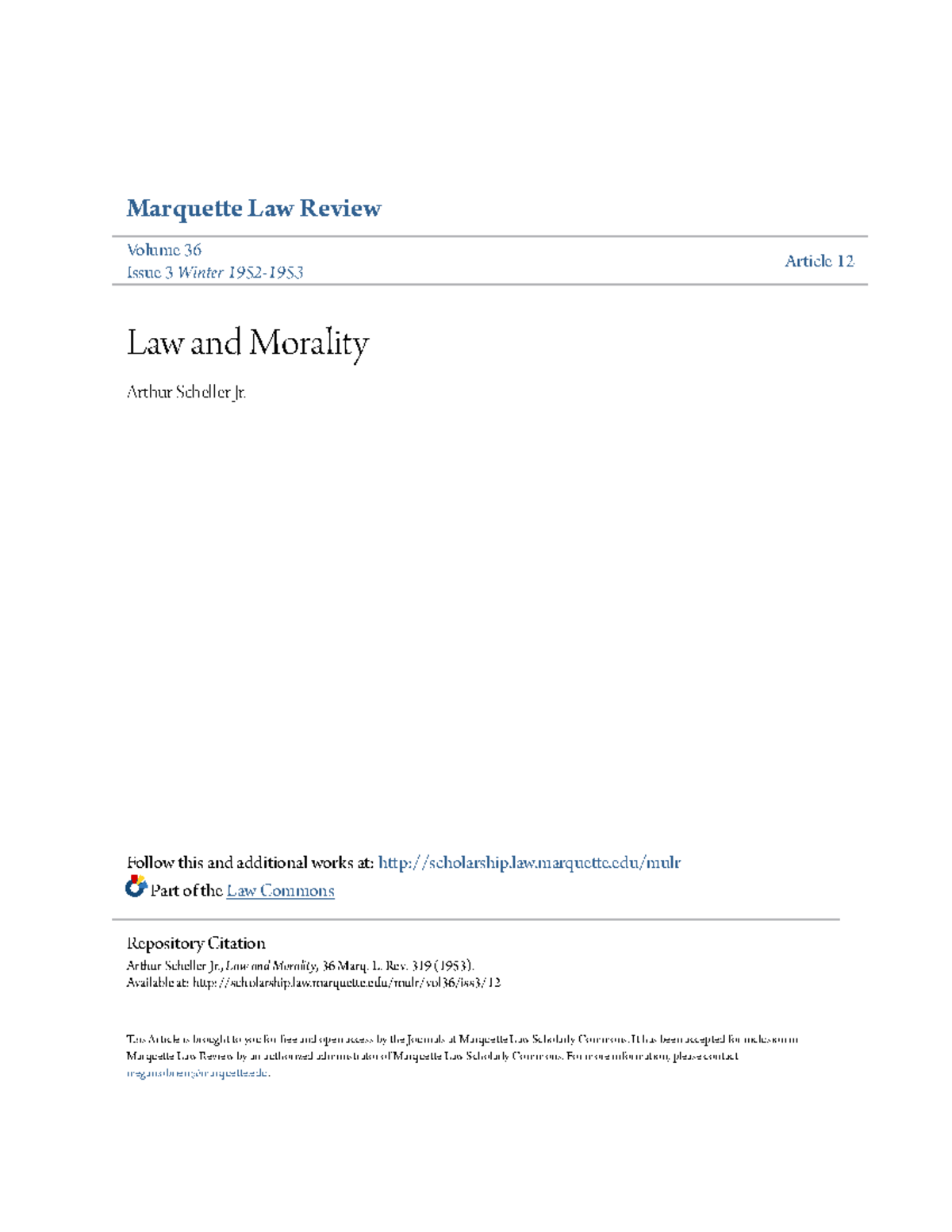 Law and Morality - Marquette Law Review Volume 36 Issue 3 Winter 1952 ...