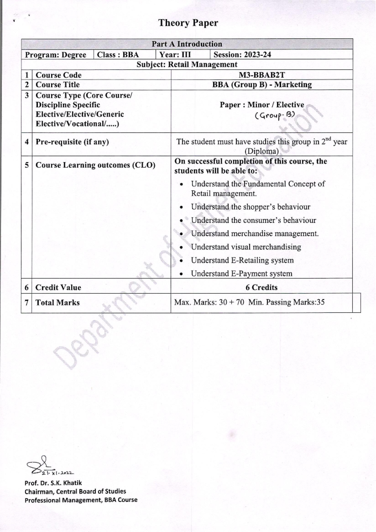 Retail Management BBA Final YEAR - Theory Paper Part A Introduction Program: Degree Class : BBA ...