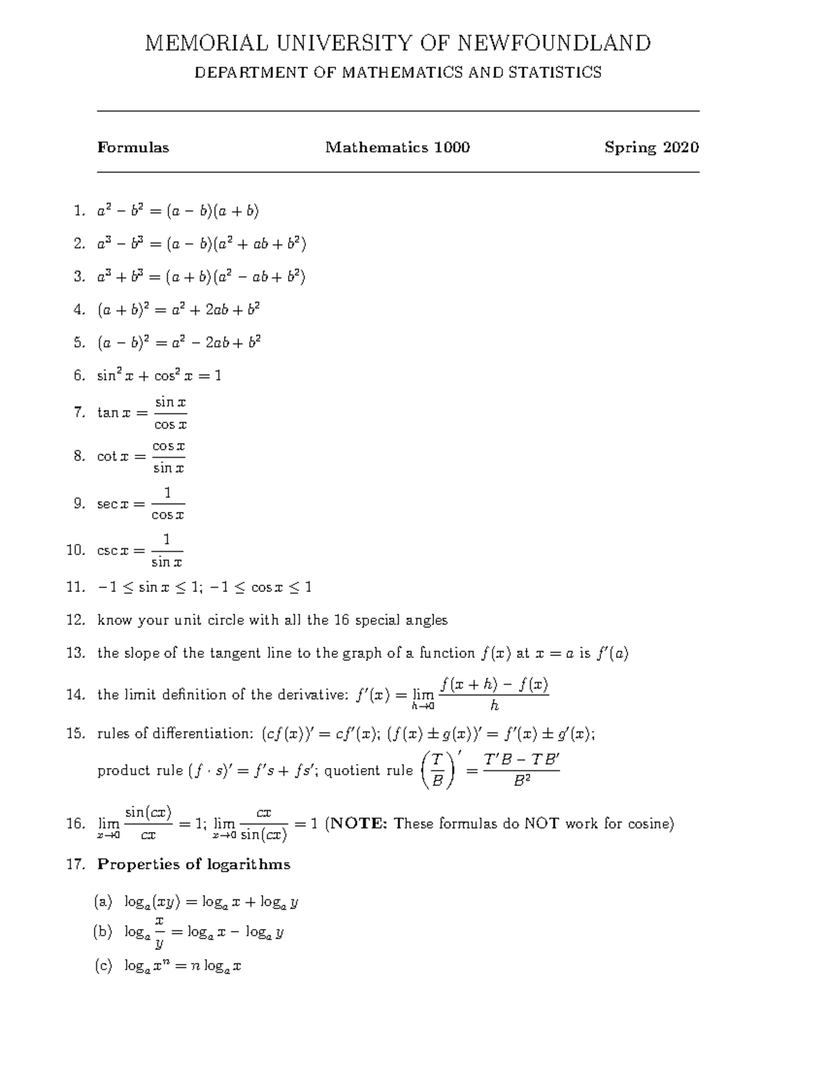 MATH 1000 Formulas - MEMORIAL UNIVERSITY OF NEWFOUNDLAND DEPARTMENT OF ...