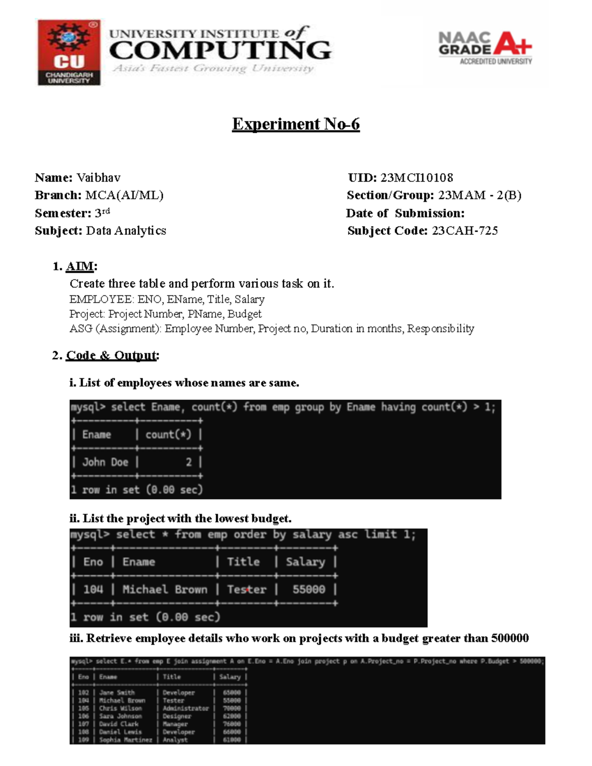 DA EXP-6 - Pivot Tables - Experiment No- Name: Vaibhav UID: 23MCI Branch: MCA(AI/ML) Section ...