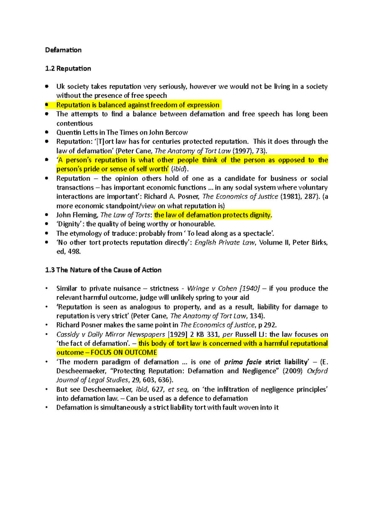 Defamation - Tort notes - Defamation 1 Reputation Uk society takes ...