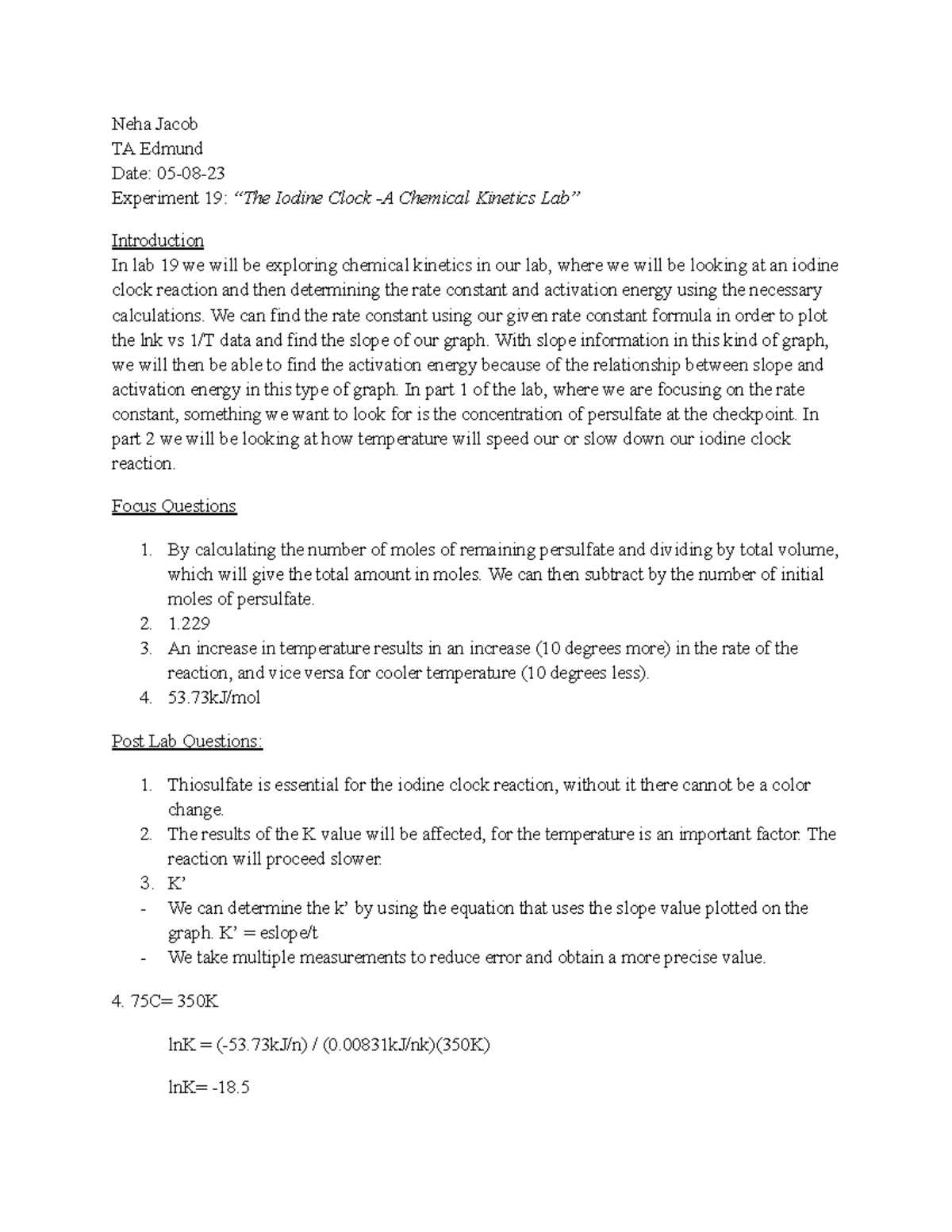 Lab 19 (WET) - This is a lab report, which gives the procedure, data ...