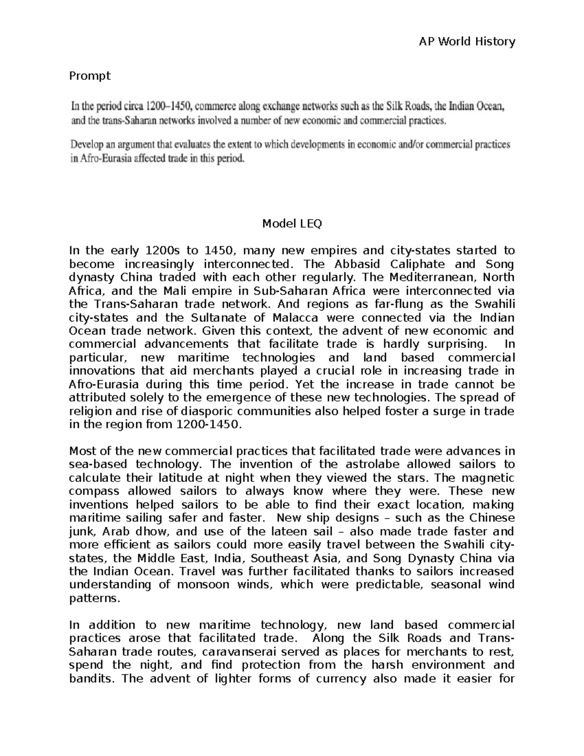 AP Model LEQ - Notes for history - AP World History Prompt Model LEQ In ...