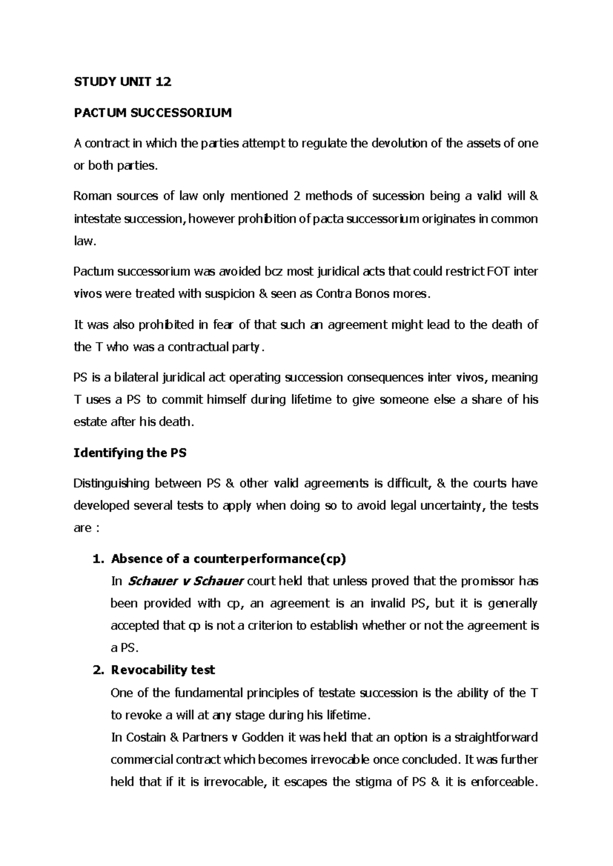 Study UNIT 12 - STUDY UNIT 12 PACTUM SUCCESSORIUM A contract in which ...
