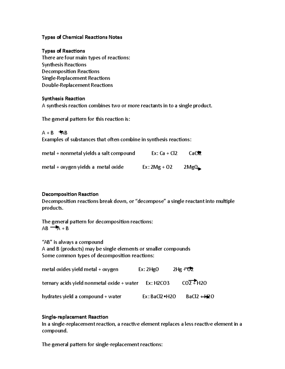 Chemistry - Reactions - Lecture notes 7,8,9 - Types of Chemical ...